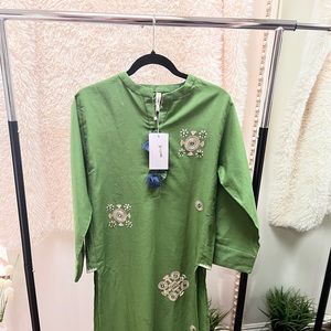Tops | Ethic Cotton Karandy Embroidered Long Side Cut Kurta With Motif ...